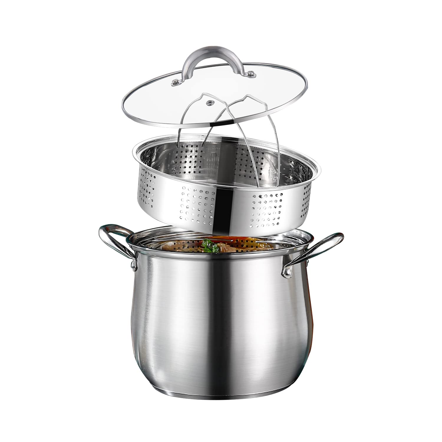 10 Quart Large Stock Pot with Steamer and Glass Lid, Stainless Steel Mirror Polished Stockpot Soup Pot for Cooking, Silver, Dishwasher Safe