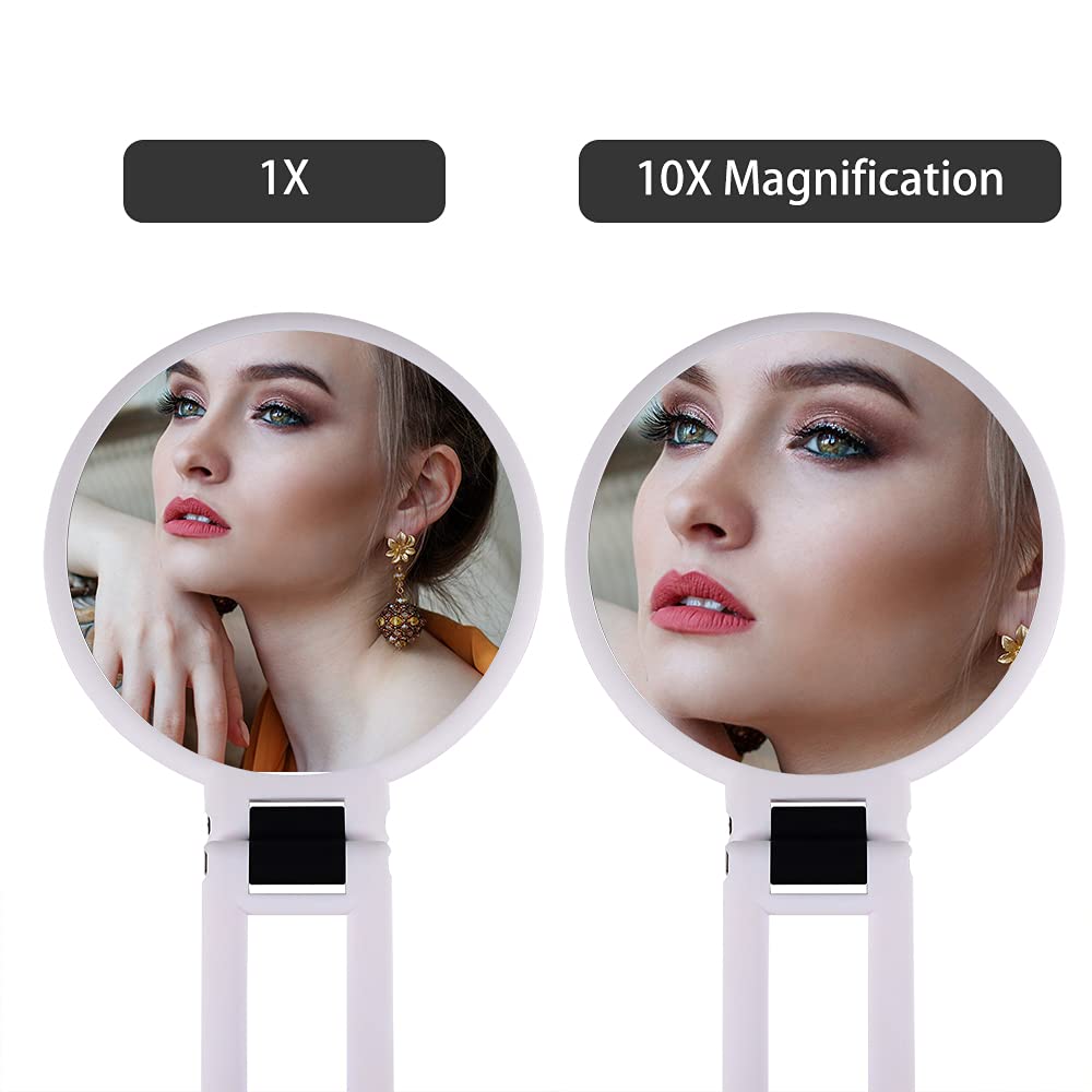 LOTIKO 1x 10x Magnifying Handheld Mirror,Travel Folding Hand Held Mirror,Double Sided Pedestal Magnification and True Image Makeup Mirror, Portable Vanity Cosmetic Mirror for Women (White)