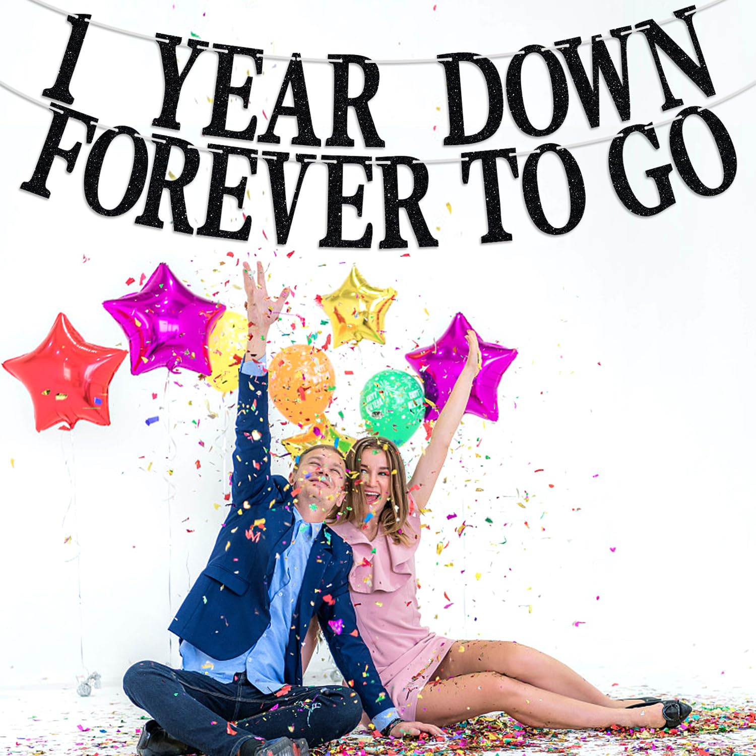 1 Year Down Forever to Go Banner, 1 Year of Marriage Gift, Happy 1st Wedding Anniversary Party Decoration Supplies, Black Glitter