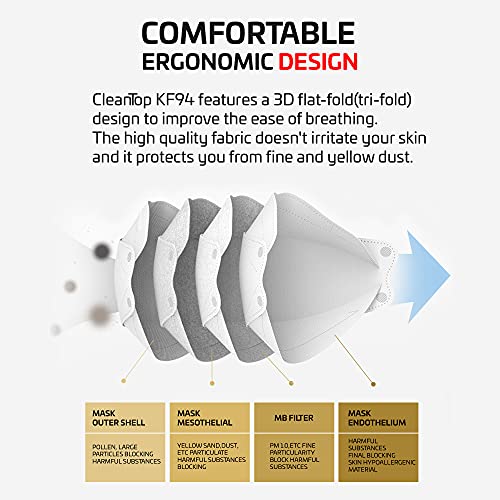 10 Individually Packaged CLEANTOP Adjustable Strap KF94 Certified Safety Face Mask made for Adult & Kids, Made in KOREA (White, Large (Adults))