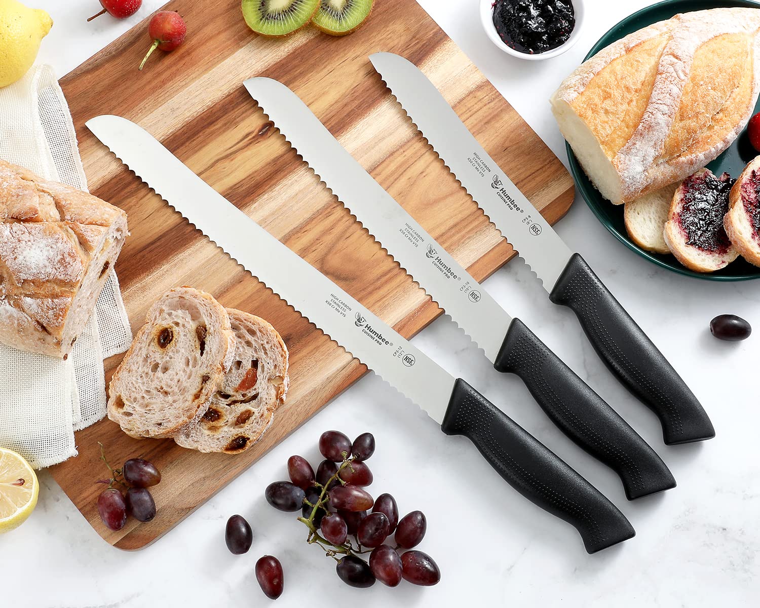Humbee Cusine Pro, 8 inch Bread Knife, Serrated Knife Wave Razor-Sharp Blade Comfortable Grip Dishwasher Safe, NSF Certified, Black