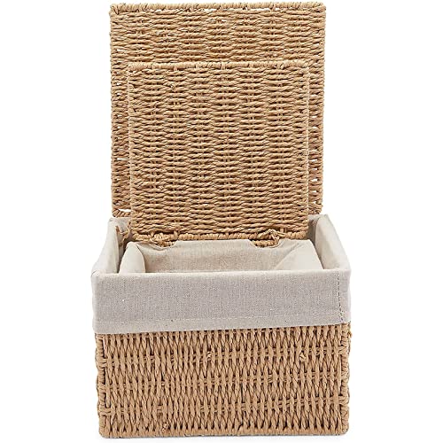 2-Pack Wicker Shelf Baskets with Lids and Removable Cotton Fabric Liners, Rectangular Home Storage Bins for Hand Towels, Toiletries, and Kitchen Counter (2 Sizes)