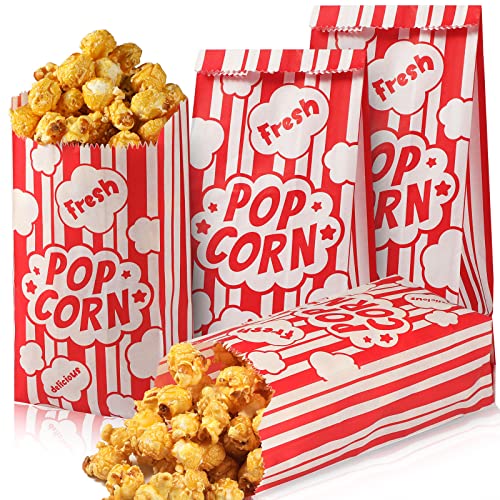 200 Pieces Popcorn Bags 1 oz Greaseproof Popcorn Paper Bags Individual Servings White and Red Striped Popcorn Sleeves Disposable Flat Bottom Popcorn Take out Bags for Movie Theater Carnival Party