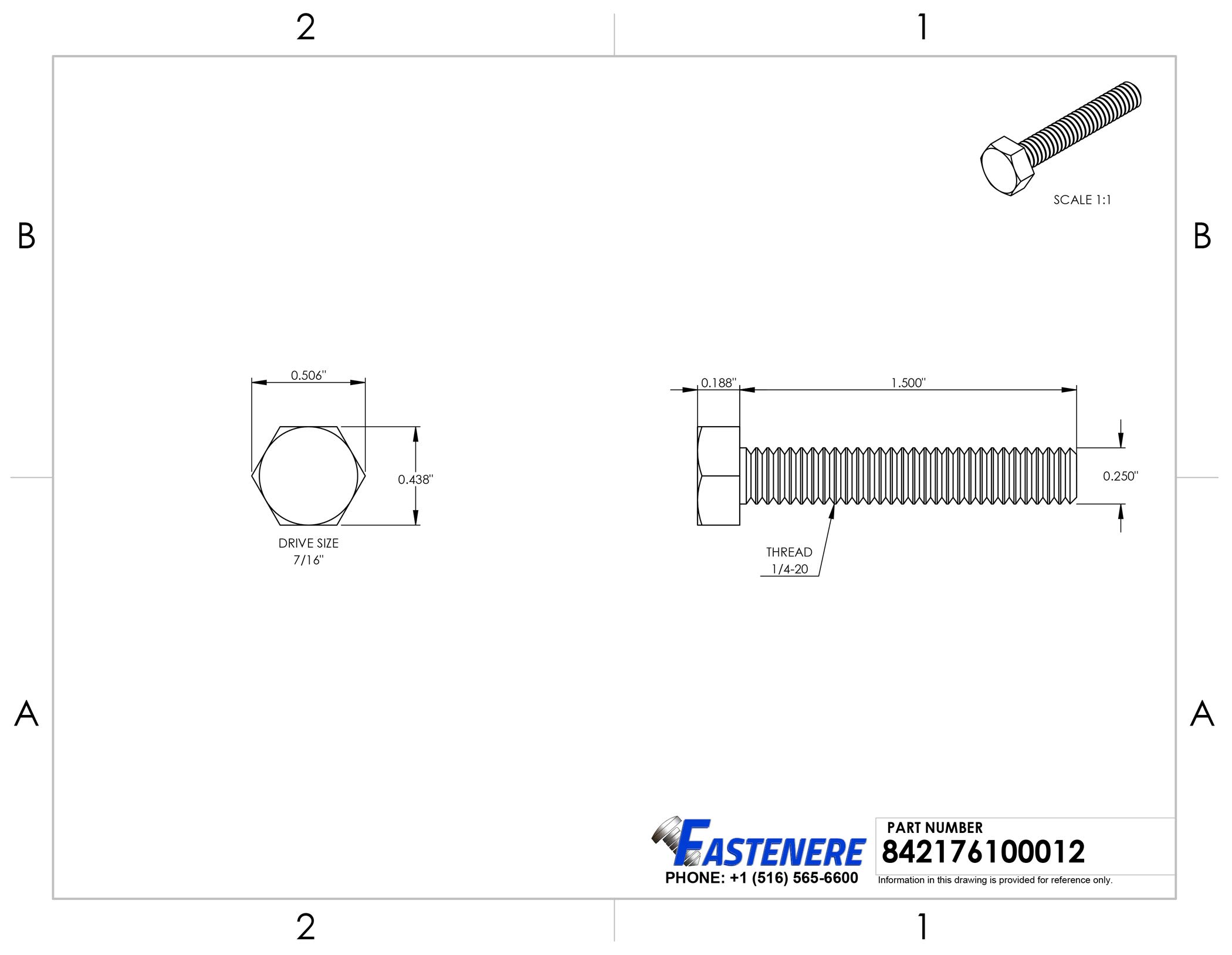 1/4-20 x 1-1/2" Hex Head Cap Screw Bolts, External Hex Drive, Stainless Steel 18-8, Full Thread, Bright Finish, Flat Point, Quantity 25 by Fastenere