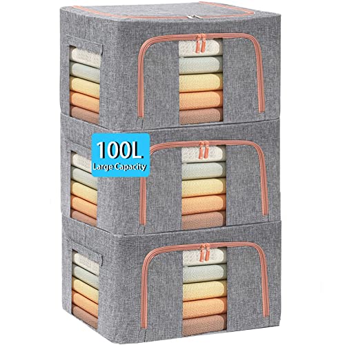 100L Large Clothes Storage Bags, Stackable Storage Bins with Hold Shape Metal Frame, Foldable Closet Organizer Storage Containers with Zipper, Clear Window, Durable Handles Thick Fabric Storage Box for Seasonal Clothing & Bedding (Gray, 3 Pack)
