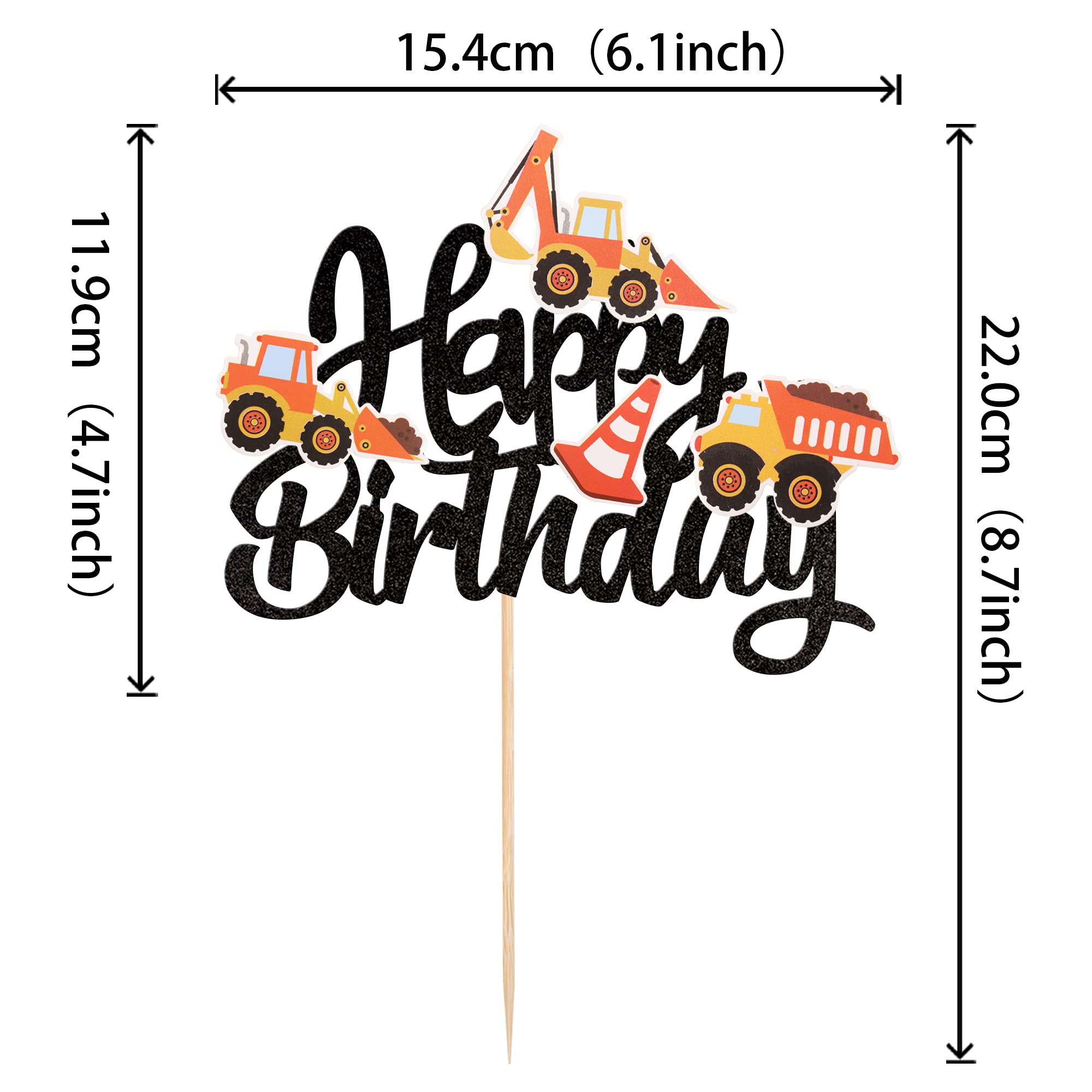 1 PCS Construction Happy Birthday Cake Topper Glitter Construction Cake Pick Dump Truck Excavator Tractor Cake Decorations for Construction Theme Baby Shower Kids Birthday Party Supplies Black