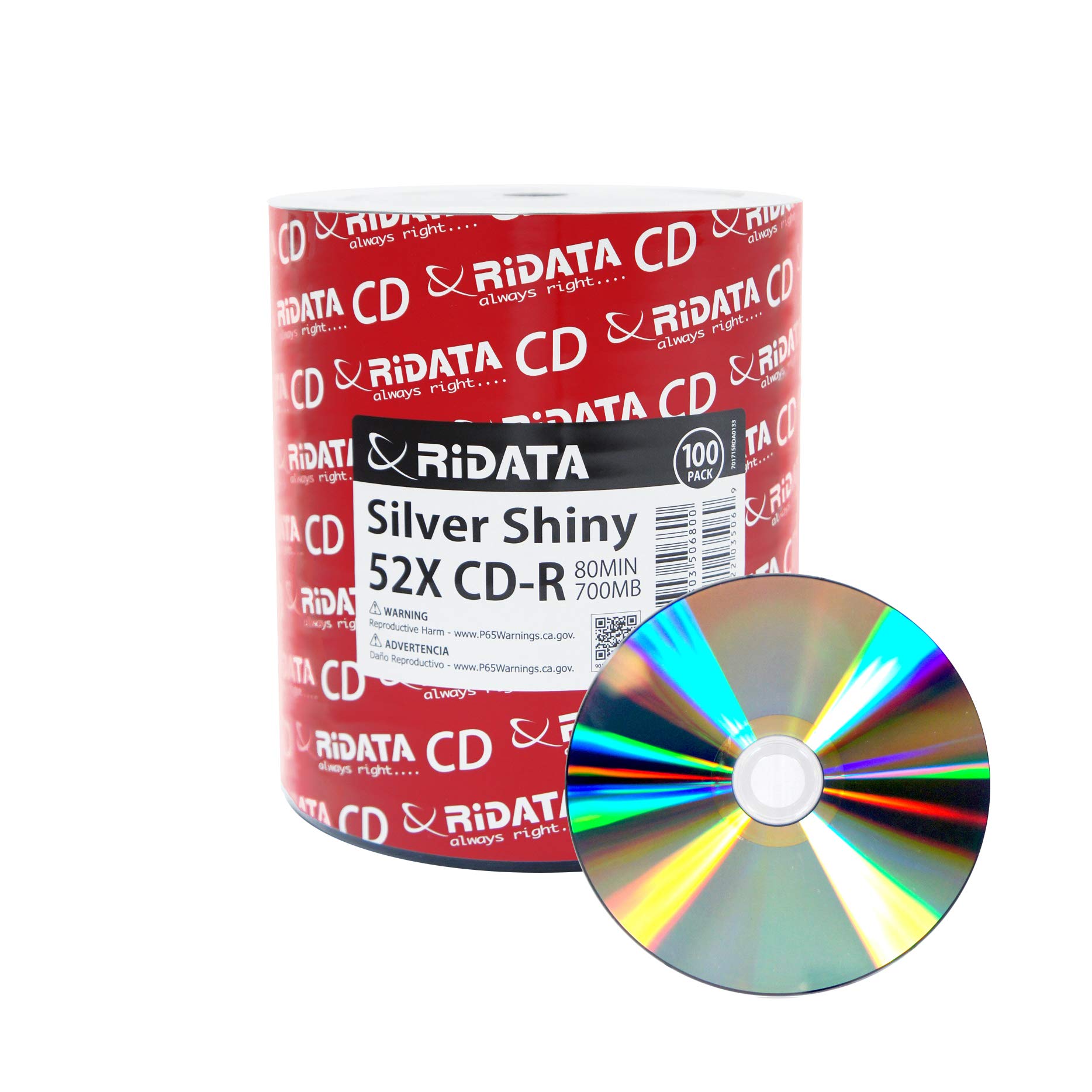 100 Pack Ridata CD-R 52X 700MB 80Min Silver Shiny Blank Media Recordable Disc