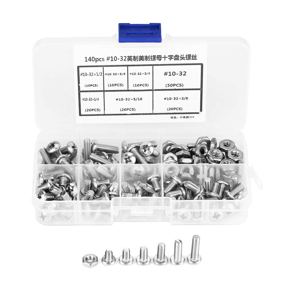 140pcs #10-32 304 Screws and Nuts, Stainless Steel Pan Head Screws Kit Assortment Set Repair Tool Accessory
