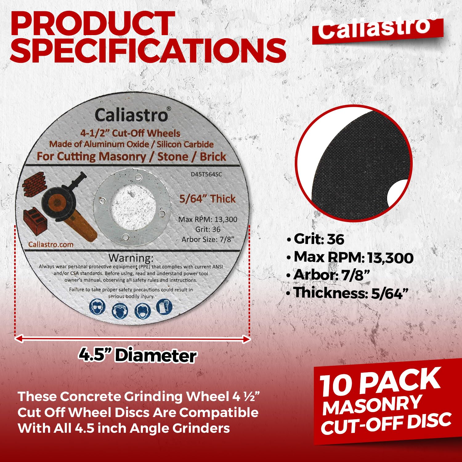 10 Pack – 4 1/2 Cut Off Wheel Concrete Grinding Wheel for Cutting Masonry Stone Brick Block - Compatible with All 4 1/2 inch Angle Grinder - Caliastro