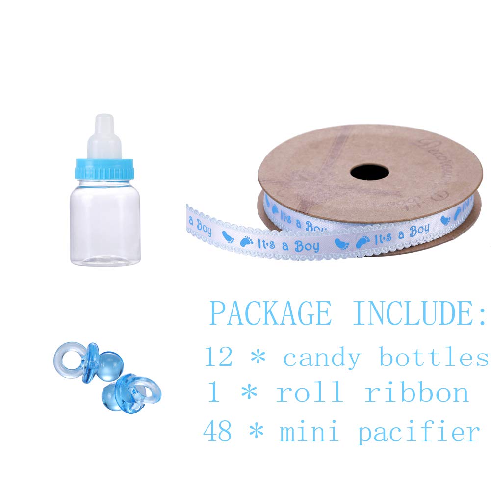 12 Pack Candy Bottles 10 Yards Ribbon and 48 Pack Acrylic Mini Pacifiers for Baby Shower Party Favors Decorations and Supplies by WeddParty (Blue A, 12)