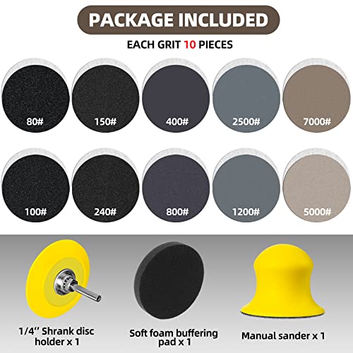 100PCS 2 Inch Sanding Discs Assorted 80-7000 Grits 2β Wet/Dry Sander Pads with 1/4β Shank Backing Plate and Hook & Loop Soft Foam Buffering Pad for Drill Grinder Rotary Tools Attachment