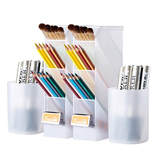 4 Pcs Pen Organizer, Desk Organization, Wellerly Cute Desk Pencil Markers Holder Storage Box Set Multi-Functional Stationary Desktop Cup Organizers for Home Room / Office / School Art Supply - White