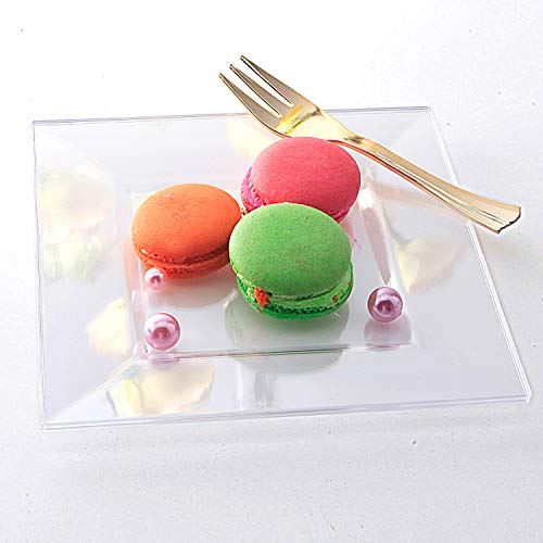 100pcs Square Dessert Plates with 100pcs Gold Dessert Forks, Clear Premium Plastic Salad Plates, Party Essentials Appetizer Plates,Gold Plastic Silverware, 6" Clear Dessert Plates and 5" Gold Forks