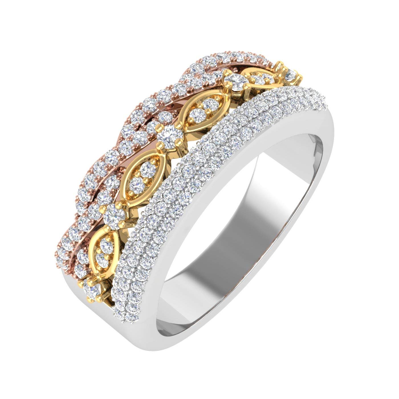 1/2 Carat Diamond Tri Color Wedding Band Ring in 10K White Gold, Yellow Gold & Rose Gold (Ring Size 6.75)