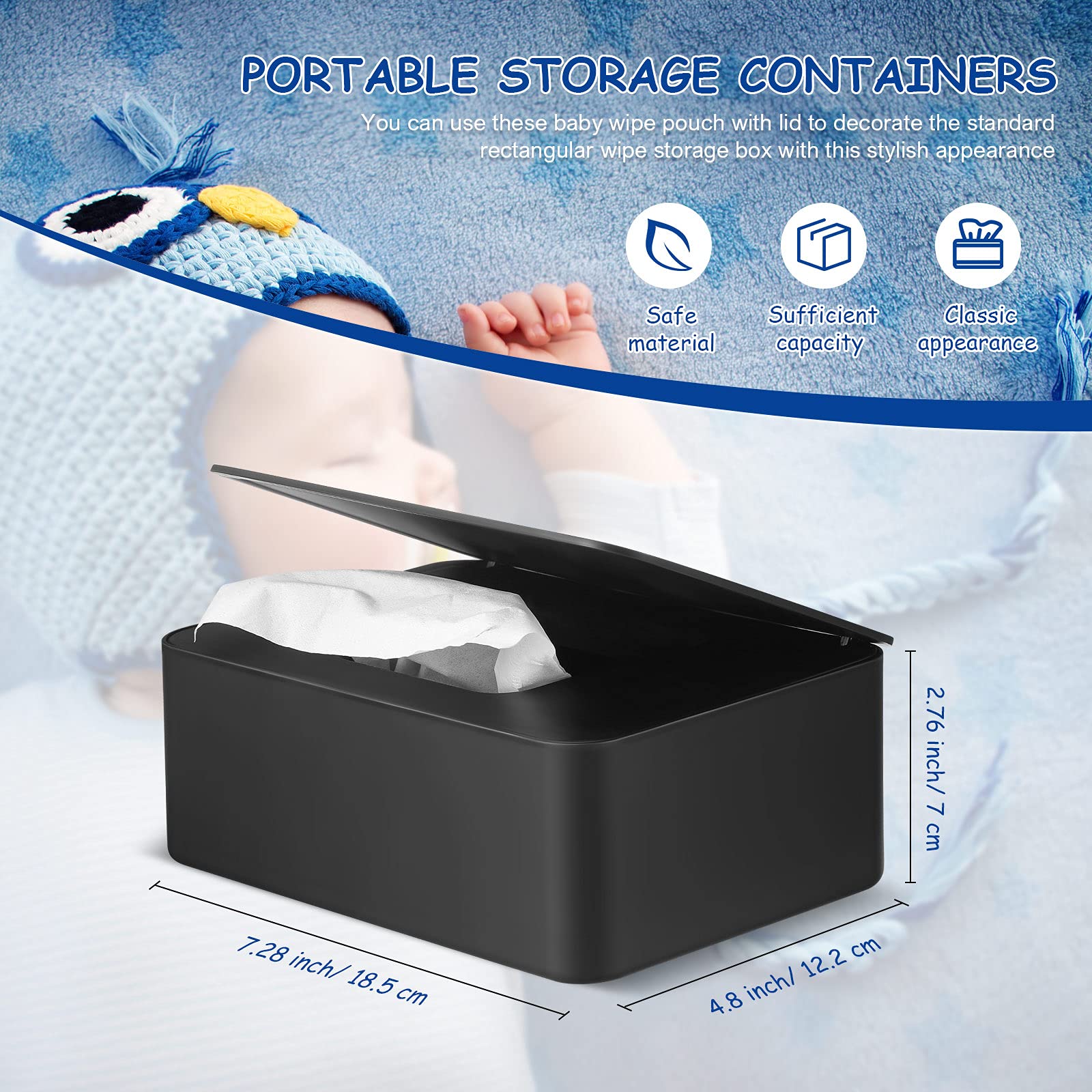 2 Pieces Baby Wipes Dispenser Baby Wipe Case Holder Wet Wipes Storage Box Pouch with Lids Dustproof Wipe Container for Keeping Wipes Fresh for Home Office (Black, White)