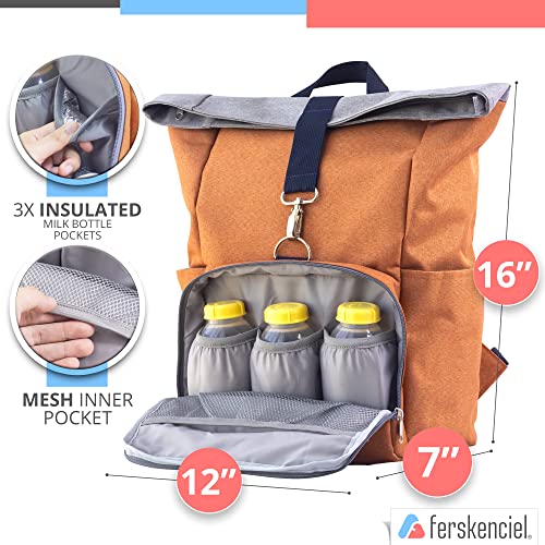 Ferskenciel Diaper Bag Backpack – Minimalist Multi Function Large Durable Stylish Travel Maternity Baby Girl Boy Nappy Bag with Stroller Straps, Insulated Bottle Pockets, Parents Pocket, Brown Grey