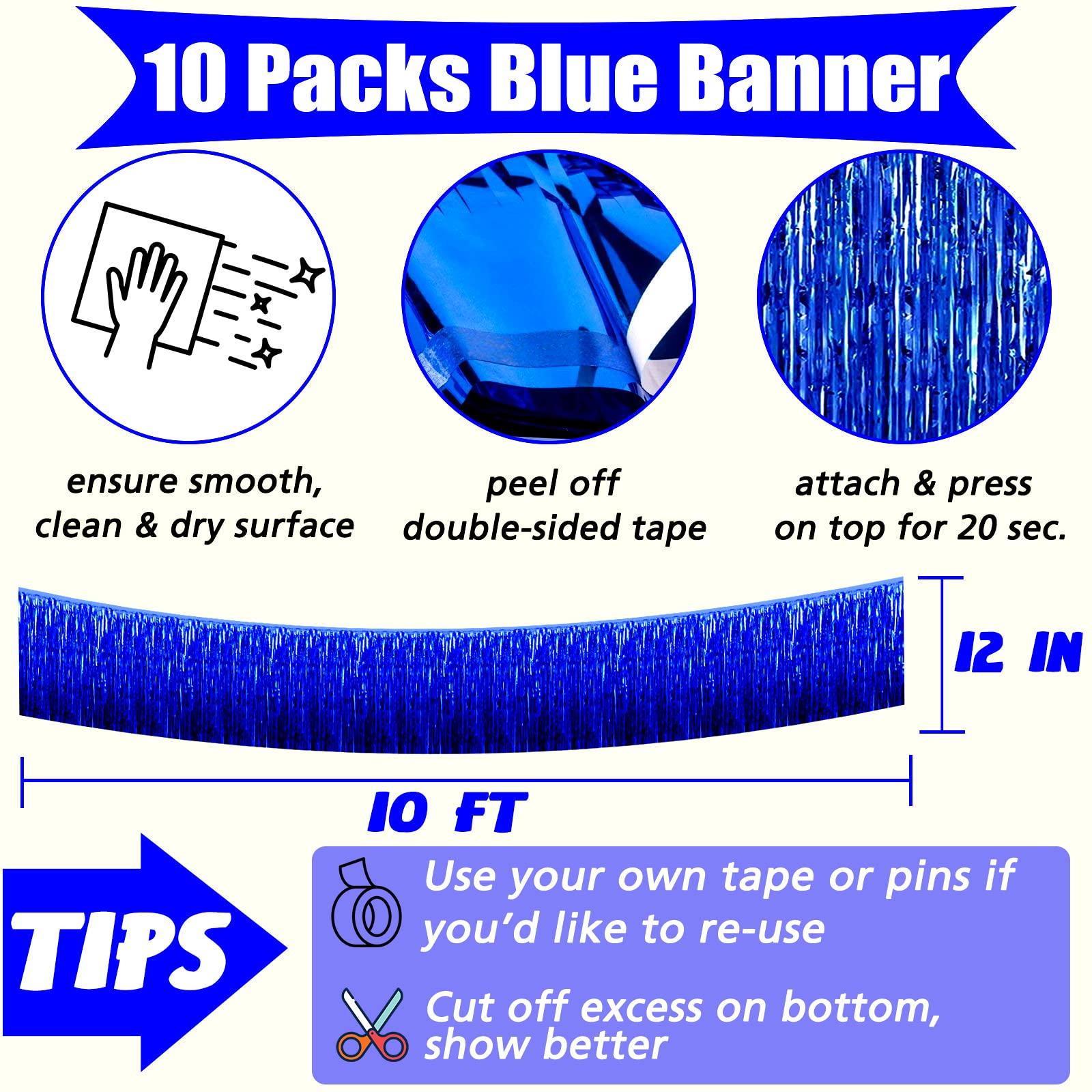 10 Pack 10 Feet Blue Foil Fringe Garland Metallic Tassle Banner Wall Hanging Tinsel Streamers Backdrop for Parade Floats, Bachelorette, Wedding, Birthday, Halloween, Christmas Party Decorations