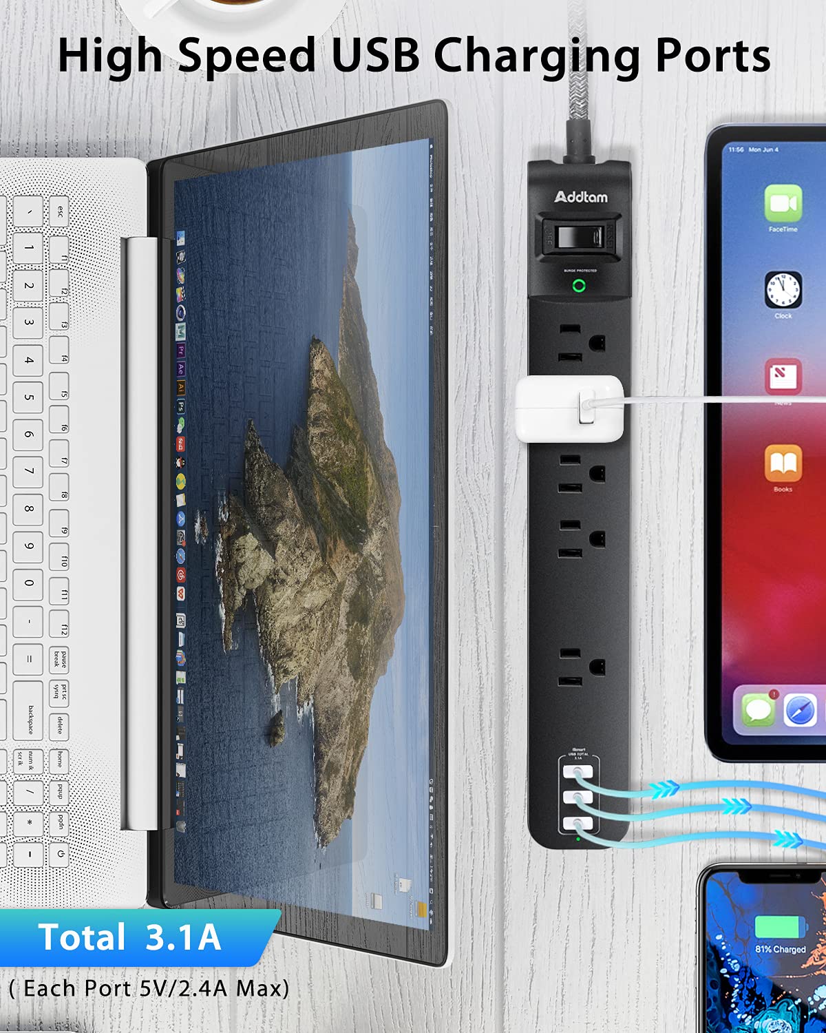 10 Ft Power Strip Surge Protector- 5 Outlets 3 USB Ports, Flat Plug Braided Extension Cord, Overload Surge Protection, Wall Mount for Hotel, Home and Office.