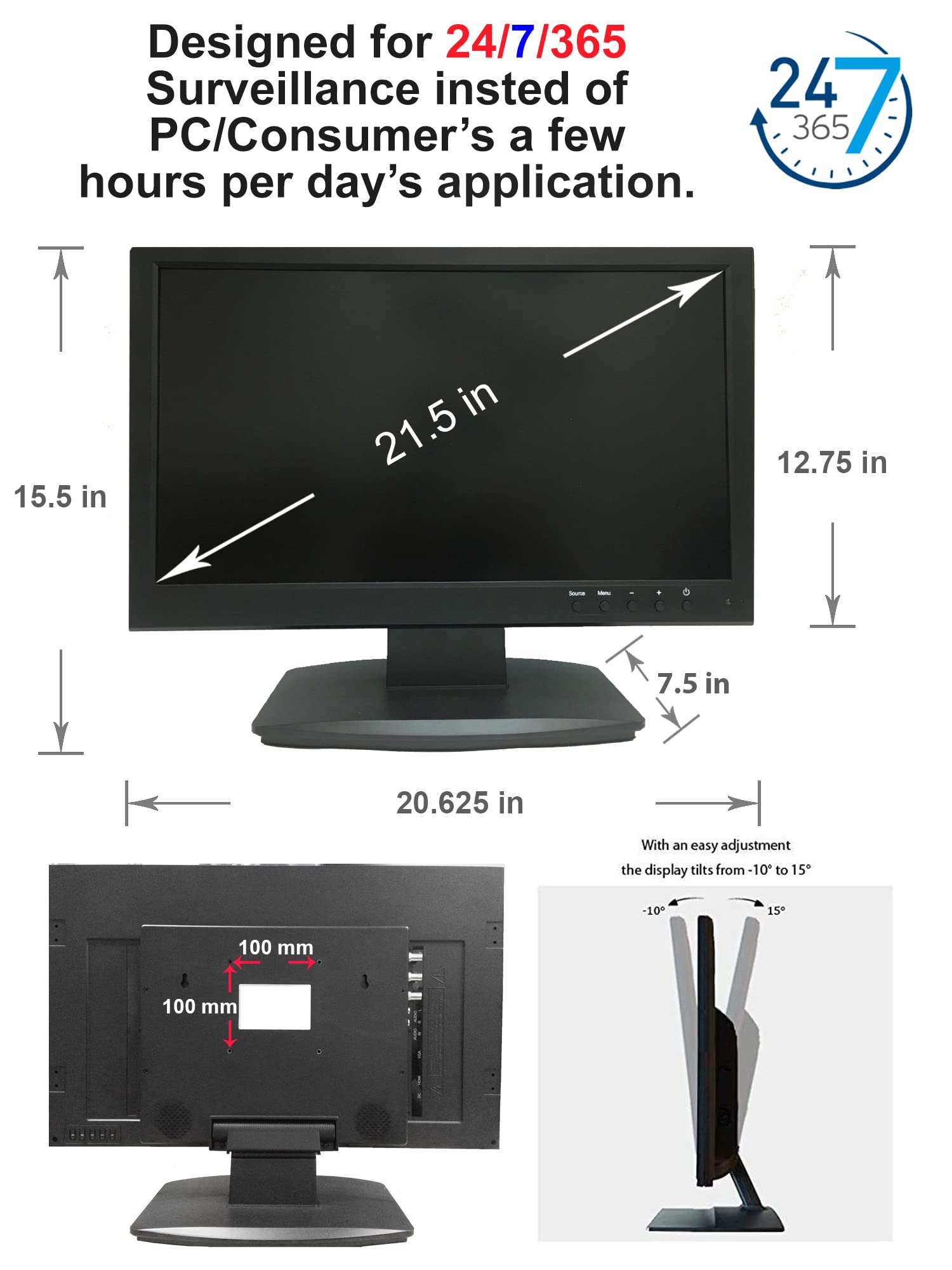 101AV 21.5" 5MP Super HD-TVI, AHD, CVI & CVBS 16:9 Professional Security Monitor, 1 HDMI & 2 BNC Inputs and Outputs, Work with Super HD 5MP Security Cameras Directly in Addition to DVR/NVR & PC