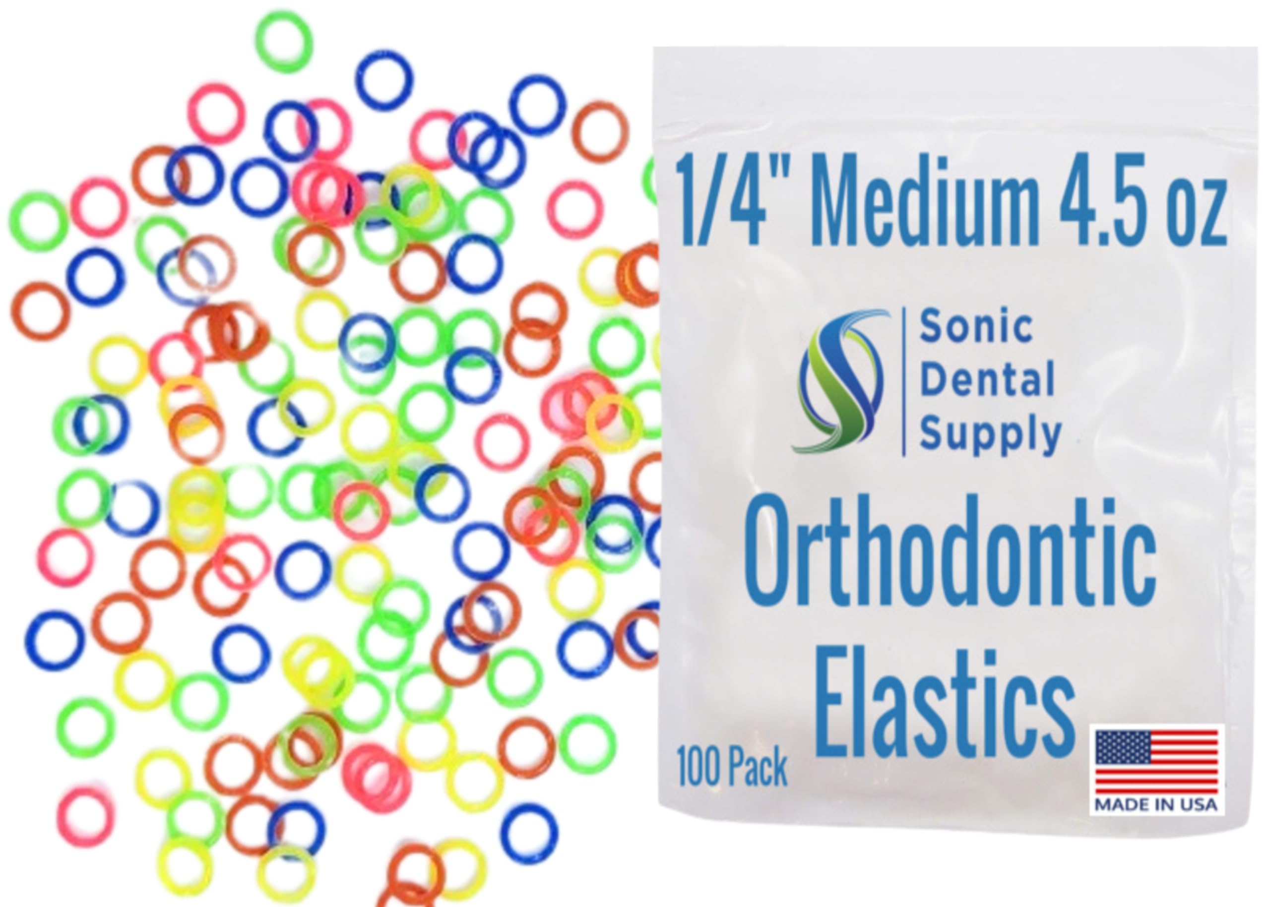 1/4 Inch Orthodontic Elastic Rubber Bands - 100 Bands - Neon Color Latex Free, Medium 4.5 Ounce (oz) Small Rubberbands, Braces, Dreadlocks Hair Braids, Packaging, Crafts - Sonic Dental Supply - USA