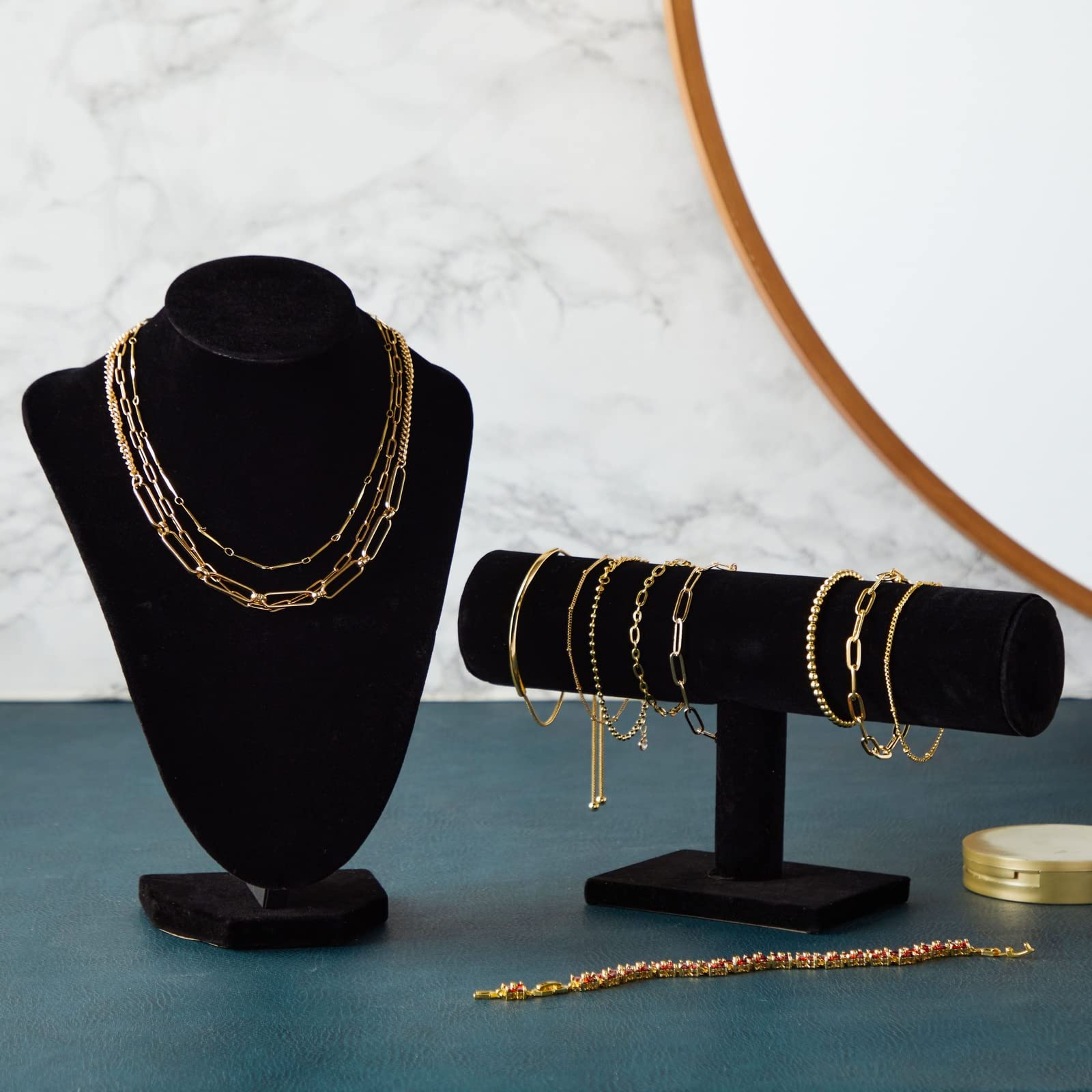 2-Piece Black Velvet Jewelry Display Set, T-Bar Stand and Mannequin Bust for Necklaces, Bracelets, Bangles, Chains, Anklets, Earring Holder for Retail Shops, Boutiques
