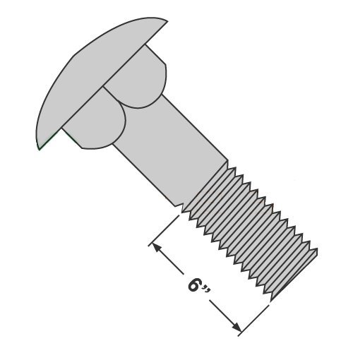 1/2-13 X 16 Carriage Bolts / 6" Thread/Steel/Hot Dipped Galvanized (Quantity: 5)