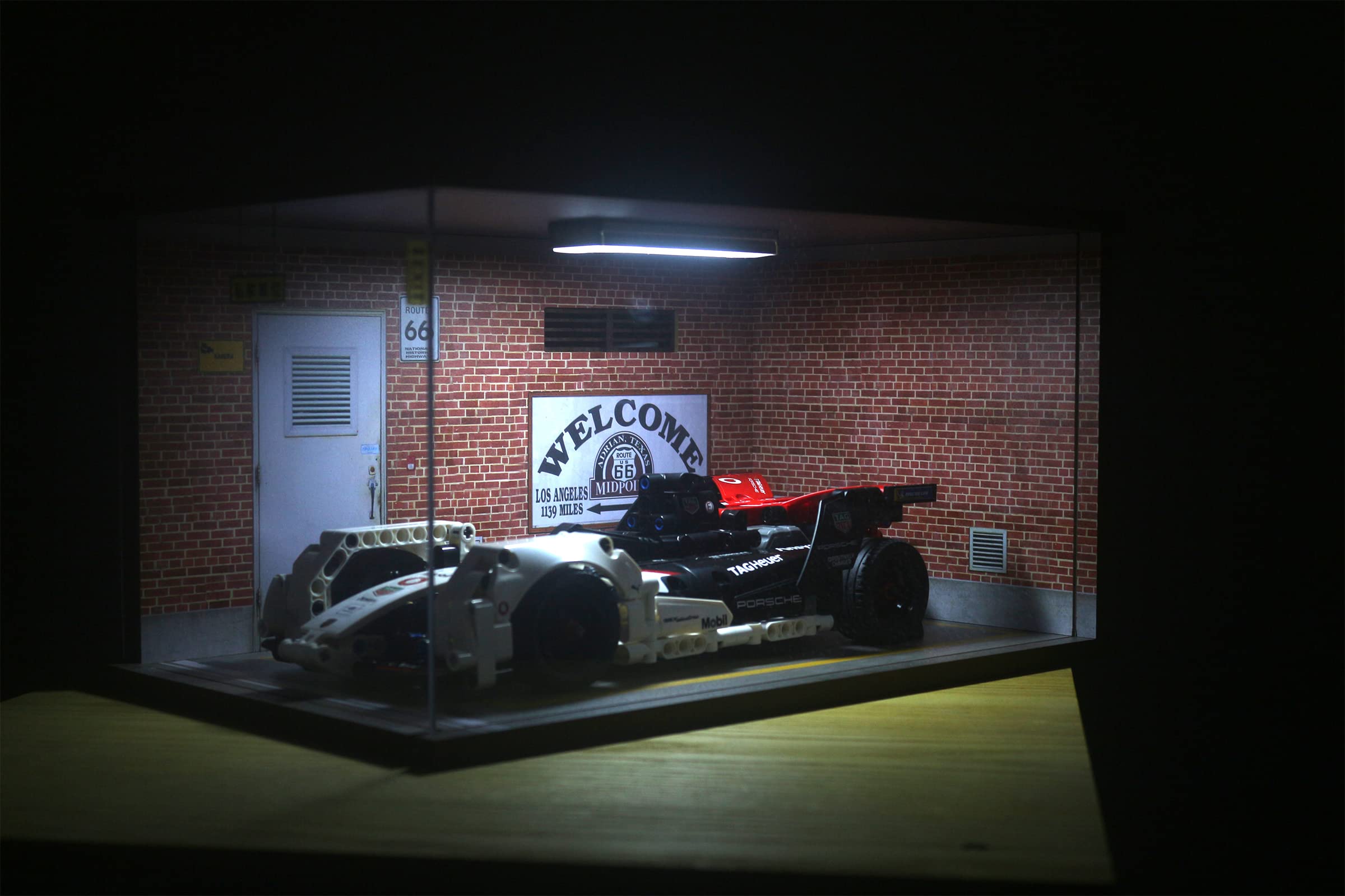 1/18 Scale Model Car Display Case - 1:18 Car Garage Display Case with Clear Acrylic Cover and LED Lighting for Die-Cast Cars, 1 Parking Route 66-Left