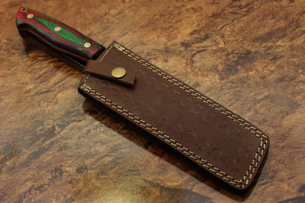 12.5" hand forged Damascus steel Nakiri knife, kitchen knife, vegetable knife, 2 tone Green & Maroon wood scale, Cow hide Leather sheath with belt loop
