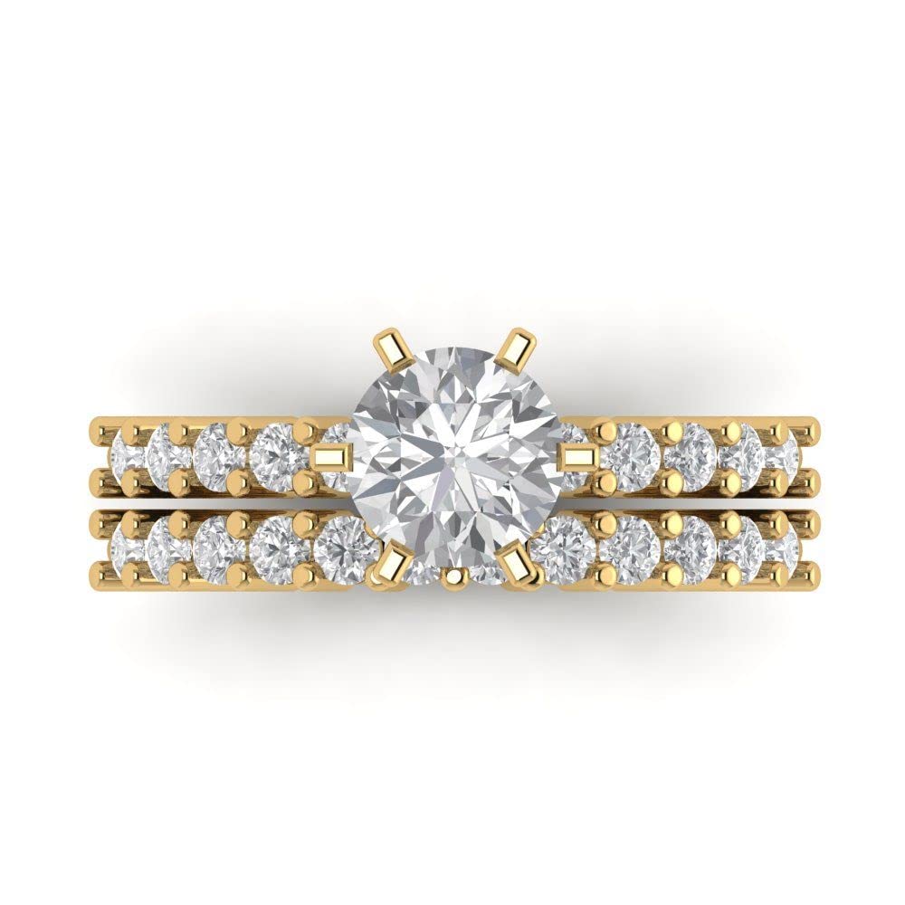 1.66 Carat Round Cut Clear VVS1 Ideal Zircon 14k Yellow Gold Solitaire W/Accents Wedding Anniversary Ring Band Set Size 8.25