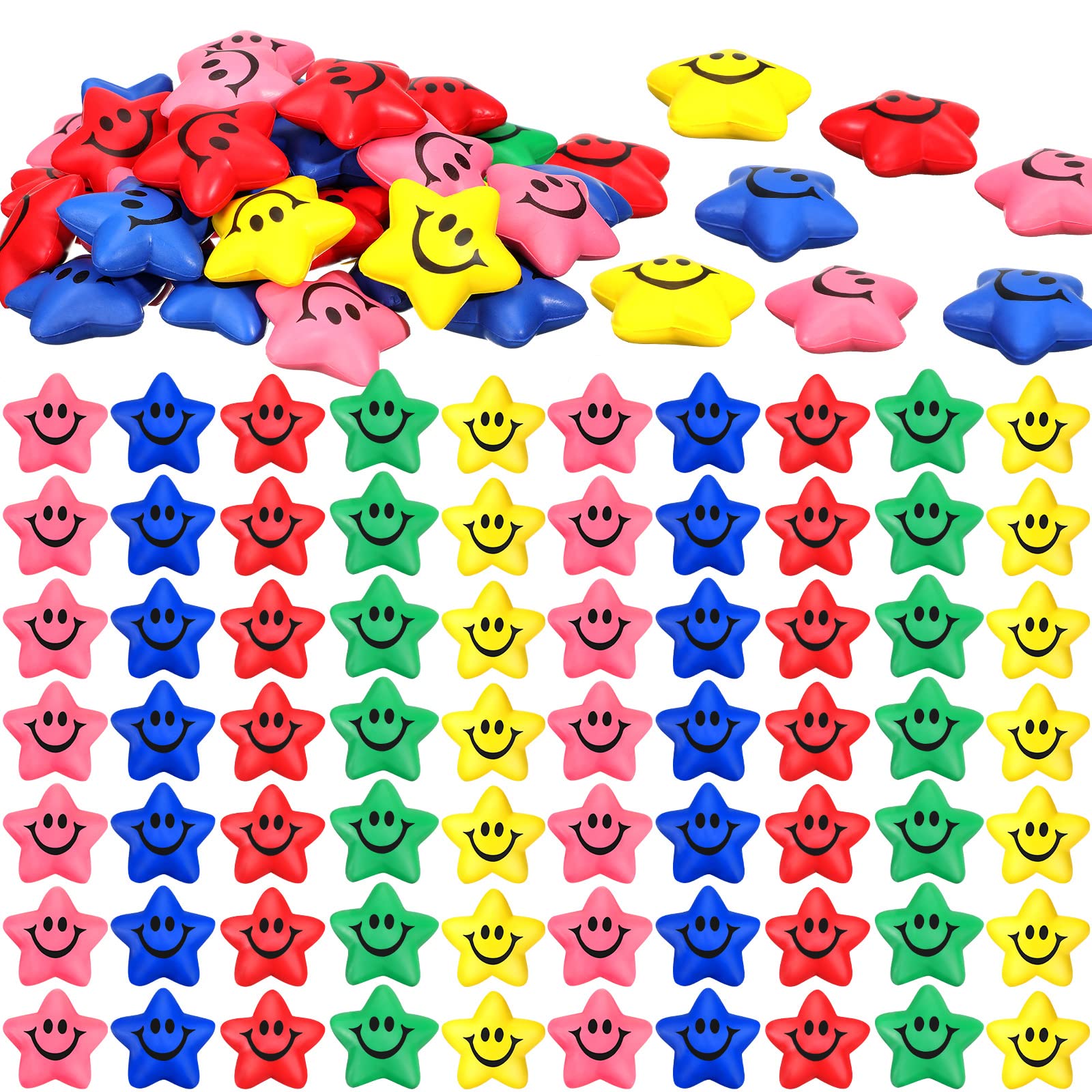 100 Pcs Star Smile Face Stress Balls Star Mini Foam Smile Ball Star Stress Ball Mini Foam Balls Stress Relief Star Toys Funny Smile Face Toys for School Carnival Reward, Party Bag Fillers, 5 Colors