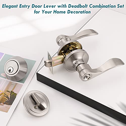 2 Pack Keyed Alike Entry Lever Door Handle and Single Cylinder Deadbolt Lock with Same Keys, Wave Style Locking Lever Handle Set [Front Door or Office] Right & Left Sided Doors, Satin Nickel