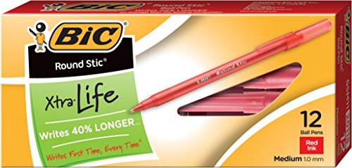 2 Pack of 12 BIC Round Stic Xtra Life Ball Pen, Red Medium Point (1.0 mm)