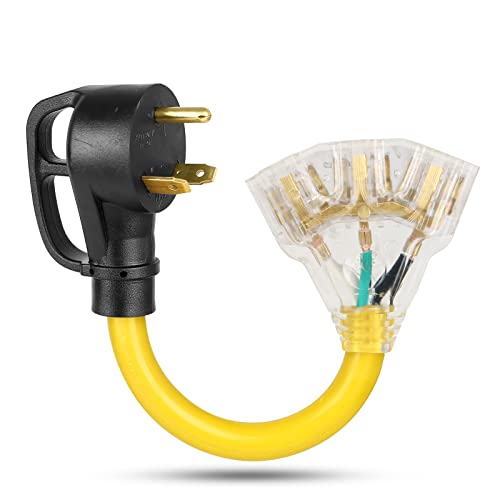 1.5FT NEMA TT-30P Male to 3X 5-15R/5-20R T-Blade Female with LED Power Indicator, HDWS 30 Amp to 110V RV Generator Power Cord Adapter, 3 Prong 30 Amp to 15-20 Amp, 10 AWG, for RV Generators