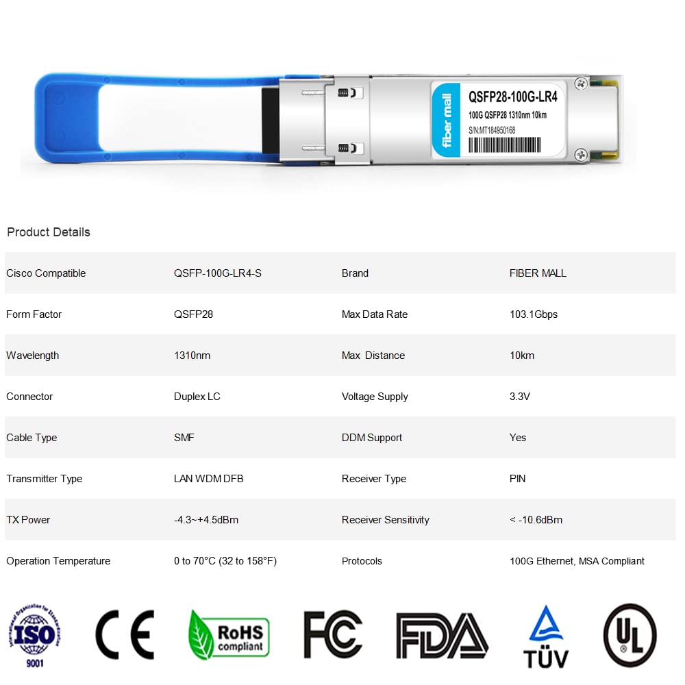 100G QSFP28 LR4 for Cisco QSFP-100G-LR4-S,QSFP-100G-LR4,100GBASE-LR4 QSFP28 1310nm 10km LAN WDM LC SMF DOM Optical Transceiver Module