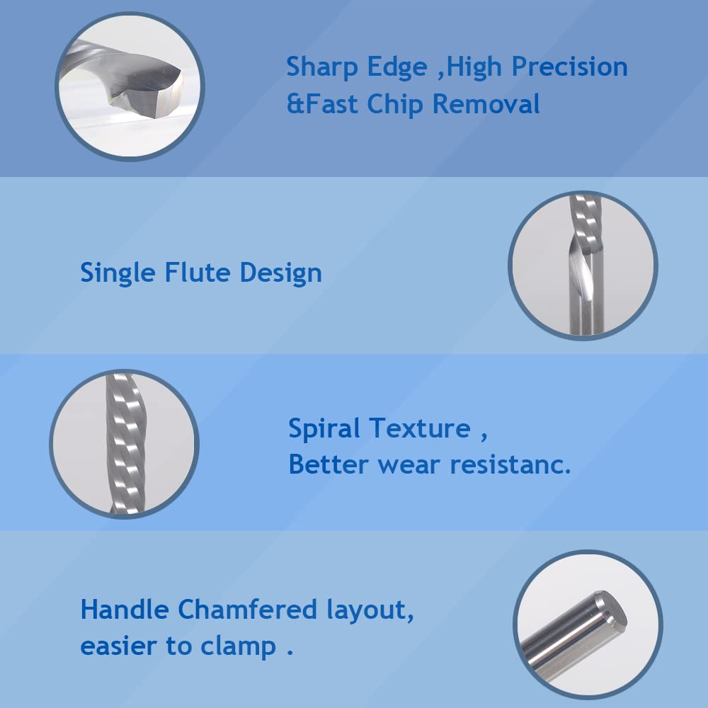 1/8 Inch Down Cut Single Flute (O Flute) Spiral End Mill CNC Router Bits ,with 1/8 Inch Cutting Dia,1 Inch Cutting Length for Acrylic PVC MDF Wood Pack of 5