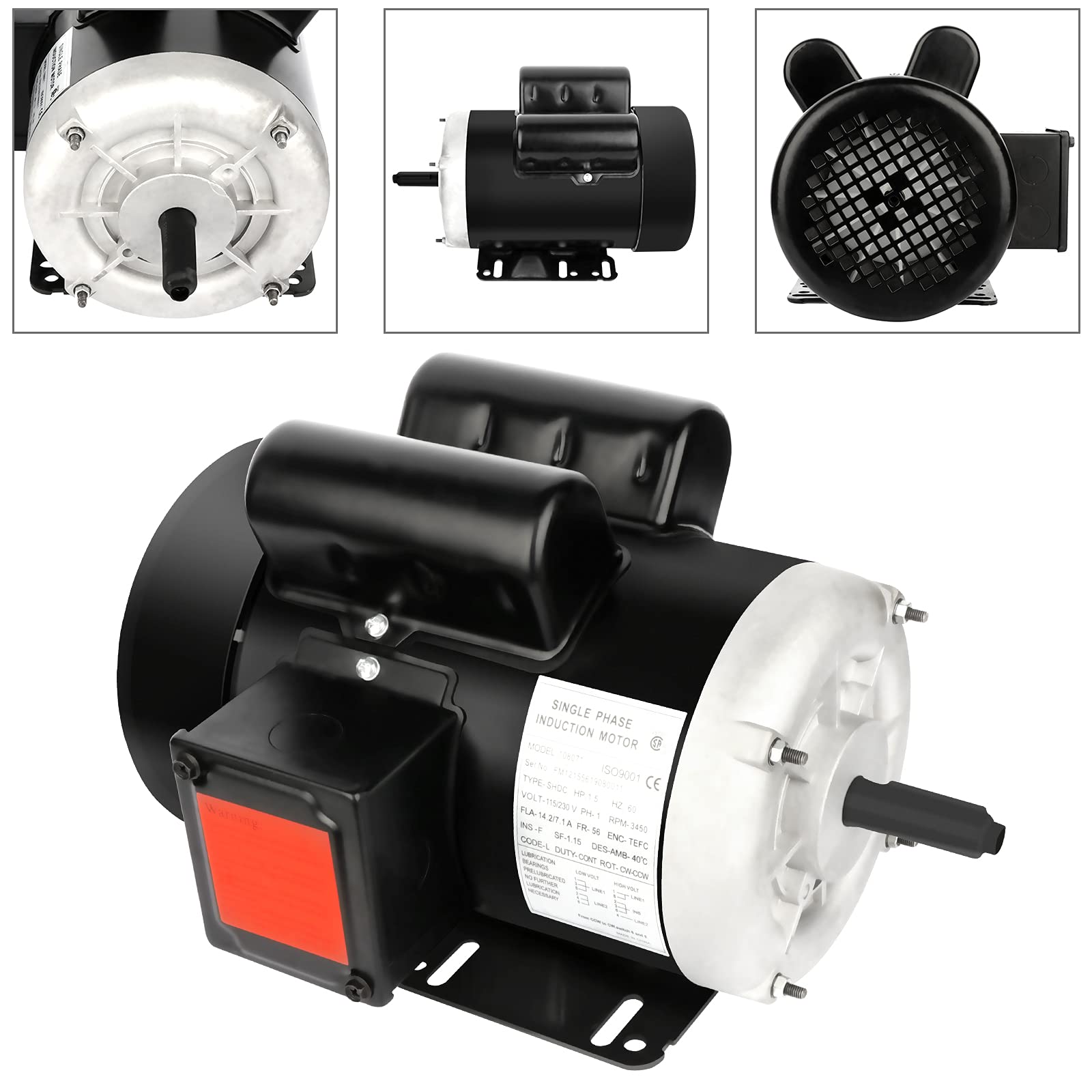 1.5HP Electric Motor 3450RPM General Purpose Single Phase Motor 115/230V 56 Frame 5/8β Shaft Diameter CW/CCW TEFC 2Pole