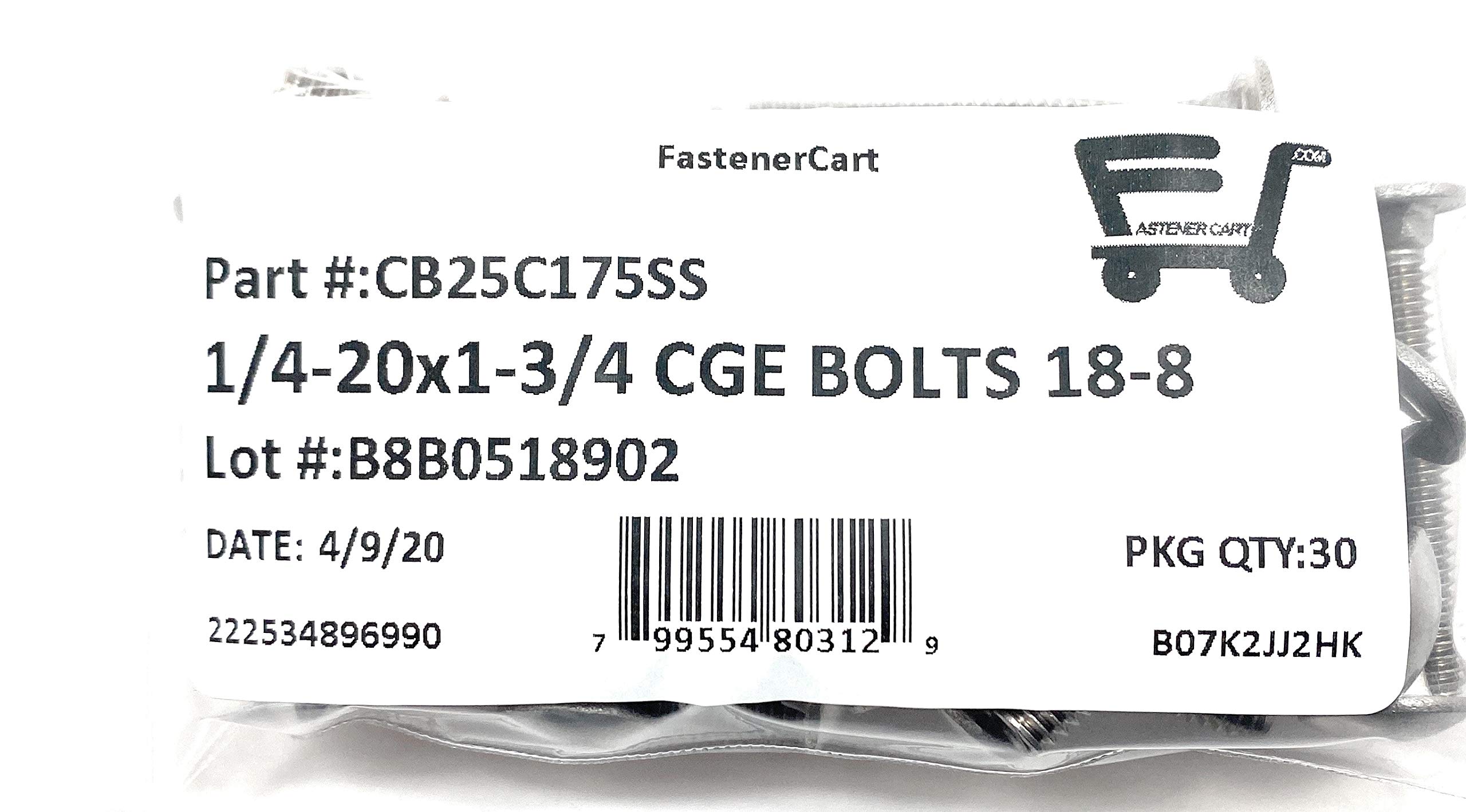 1/4-20x1-3/4 Carriage Bolts Stainless Steel 18-8 (30 Pieces)