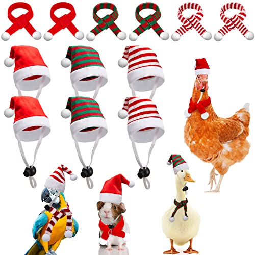 12 Pcs Christmas Pet Chicken Hat Scarf Set Mini Red Green Santa Hat Scarf Xmas Small Animal Hat with Adjustable Chin Strap for Hen Duck Hamster Guinea Pig Kitty Puppy Parrot(Stripe Style, Small)