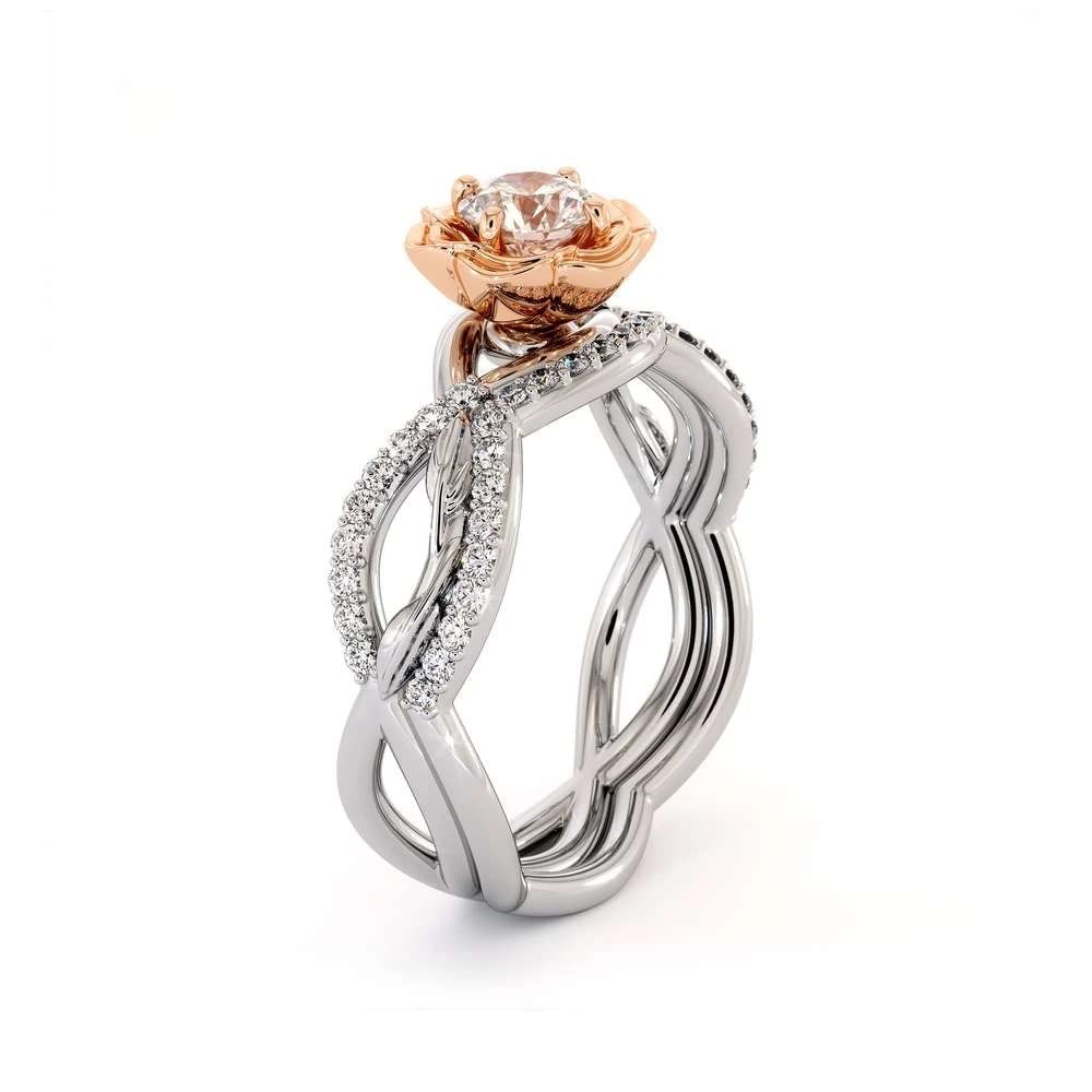 1.8 Ct Round Cut White Diamonds Flower Leaf Twisted Band Two Tone Bridal Wedding Ring Set, 925 Sterling Silver Rhodium Plated (7, Two Tone Finish)