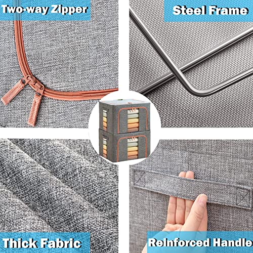 100L Large Clothes Storage Bags, Stackable Storage Bins with Hold Shape Metal Frame, Foldable Closet Organizer Storage Containers with Zipper, Clear Window, Durable Handles Thick Fabric Storage Box for Seasonal Clothing & Bedding (Gray, 3 Pack)