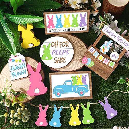12 Pcs Easter Tiered Tray Decor Set Easter Bunny Wood Sign Rustic Farmhouse Decor Tiered Tray Decorative Trays Signs for Easter Table Holiday