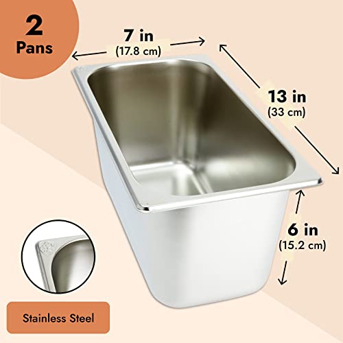 2 Pack Steamer Table Chafer Pans, 6-Inches Deep, 1/3 Size Stainless Steel Steam Table Pan with Reinforced Corners for Buffet, Catering, Hot/Cold Foods (13 x 7 Inches)