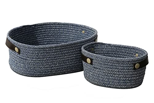 2 Pack Storage Rope Basket with Handle for Books, Magazines, Toys, Nursery, Bedroom, Living Room, Spa Soft Woven Bins (DARK BLUE)