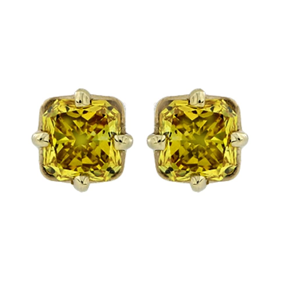 1/2Ct Fancy Canary Yellow Cushion Cut Diamond Studs 14K Yellow Gold Lab Grown