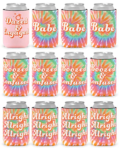 12 PCS Hippie Tie Dye Bachelorette Party Can Sleeves Dazed and Engaged Beverage Sleeves Retro Bridal Shower Party Supplies Bride Babe 60s 70s Hippie Party Decoration