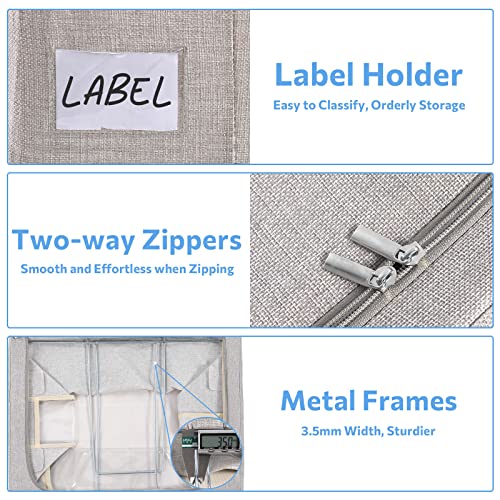 2 Pack Clothes Storage Bins - Foldable Metal Frame Storage Box - Stackable Linen Fabric Organizer Set with Carrying Handles