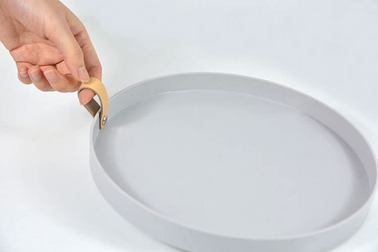 10.2" Round Decorative Tray, PU Leather Plastic Tray with Handles, Coffee Table Tray and Serving Tray for Ottoman, Kitchen, Bathroom, Black