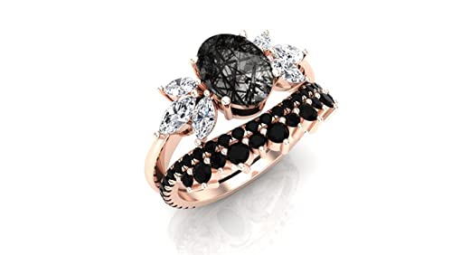 1.75 ct Oval Cut Black Rutilated Quartz Engagement Ring Set Bridal Rings 14K Rose Gold Over