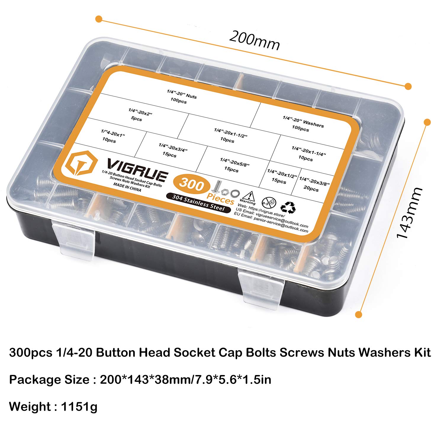 1/4-20 Hex Button Head Cap Screw, VIGRUE 300pcs 304 Stainless Steel UNC Hexagon Bolts Flat Washers Nuts Assortment Kit Machine Screws Set, 8 Sizes (Length from 3/8" to 2")