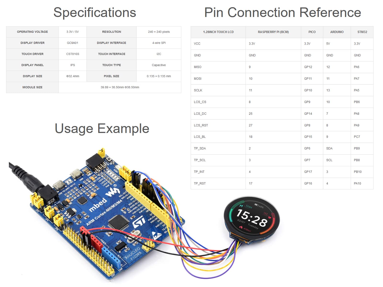 1.28inch Touch LCD Display Module, 240×240 Resolution Round LCD IPS Screen, 65K Colors Display, 4-Wire SPI and I2C Communication, Support Raspberry Pi/Raspberry Pi Pico/Arduino/STM32